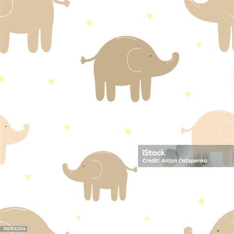 귀여운 베이 지 코끼리와 하트의 완벽 한 패턴입니다 소녀와 소년에 대 한 벡터 이미지입니다 휴일 베이비 샤워 생일 섬유 래퍼 인사말 카드 그림 인쇄 현수막 전단지 어린