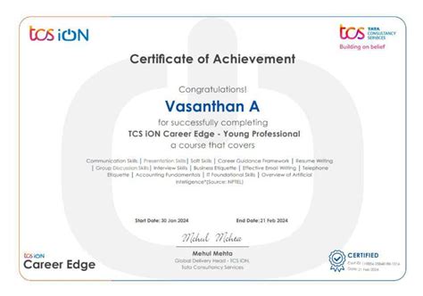 🌟 Completed The Tcs Ion Career Edge Young Professional Program Through Tcs Learning Vasanthan