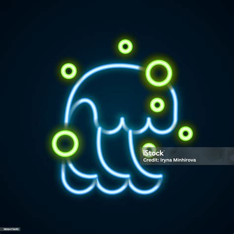 검은 색 배경에 고립 된 빛나는 네온 라인 쓰나미 아이콘 홍수 재해 해변 바다 또는 바다 파도 또는 쓰나미에 의해 폭풍우 날씨 다채로운 개요 개념 벡터 0명에 대한 스톡