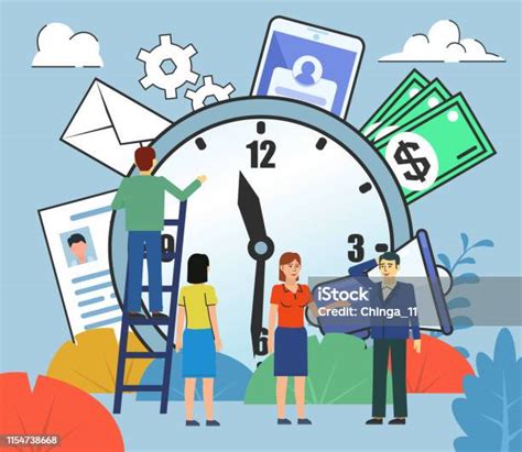 시간 관리 작업 계획 일 관리자 개념 작은 사람들은 큰 시계 근처에 서 있습니다 웹 페이지 배너 소셜 미디어 프리 젠 테이 션 포스터 개념에 대한 스톡 벡터 아트 및 기타