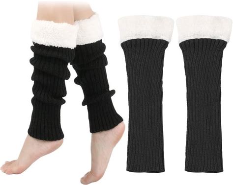 Warme Gebreide Beenwarmers Voor Dames Zwart En Wit Met Bontrand Bol