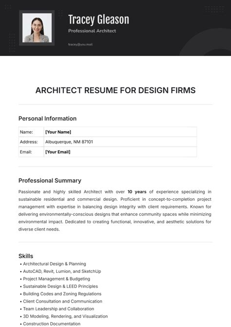 Free Architect Resume For Design Firms Template To Edit Online