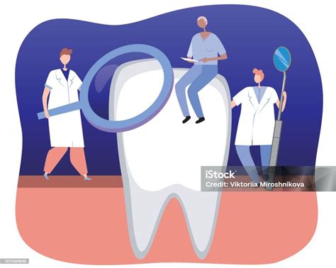 큰 치아 작은 치과 의사 의사 치열 교정술사는 치과 책에서 치료 돋보기와 치열 교정과 평면 벡터 스톡 일러스트 개념에 대한 스톡 벡터 아트 및 기타 이미지 Istock
