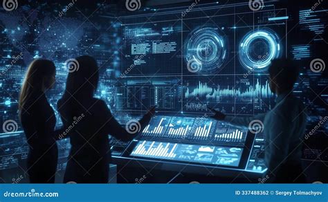 three professionals analyze complex data visualizations on a high tech