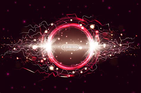 빛나는 전기 원 번개 대기 현상 현실적인 이미지 어두운 장식 배경 벡터 일러스트 레이 션에 음악 파티 포스터 또는 전단지 추상 고전압 레이아웃 템플릿 번개에 대한 스톡 벡터