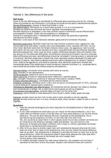 Tutorials Hap21806 Behavioural 1 Sex Differences In The Of The Sex