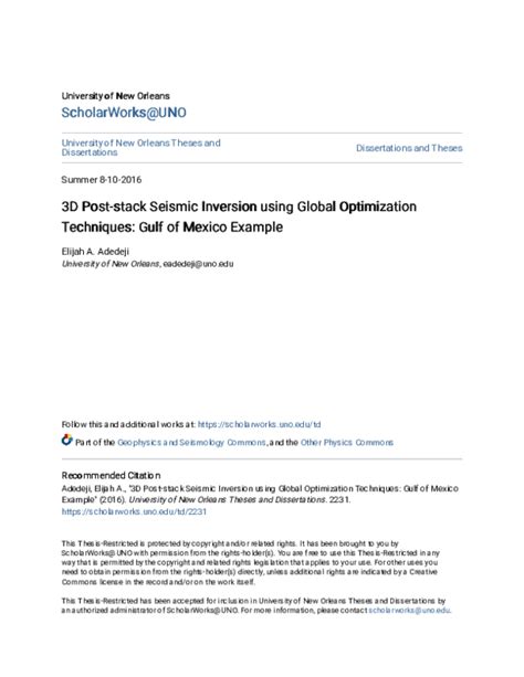 Pdf 3d Post Stack Seismic Inversion Using Global Optimization Techniques Gulf Of Mexico Example