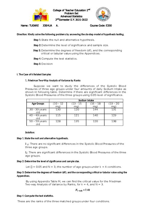 Advanced Stat Nd Problem Set Nd Sem Converted Direction Kindly Solve The Following