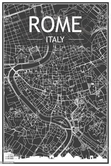 손으로 그린 파노라마 도시 스카이 라인 포스터와 Rome Italy의 다운타운 거리 네트워크 거리에 대한 스톡 벡터 아트 및 기타 이미지 Istock