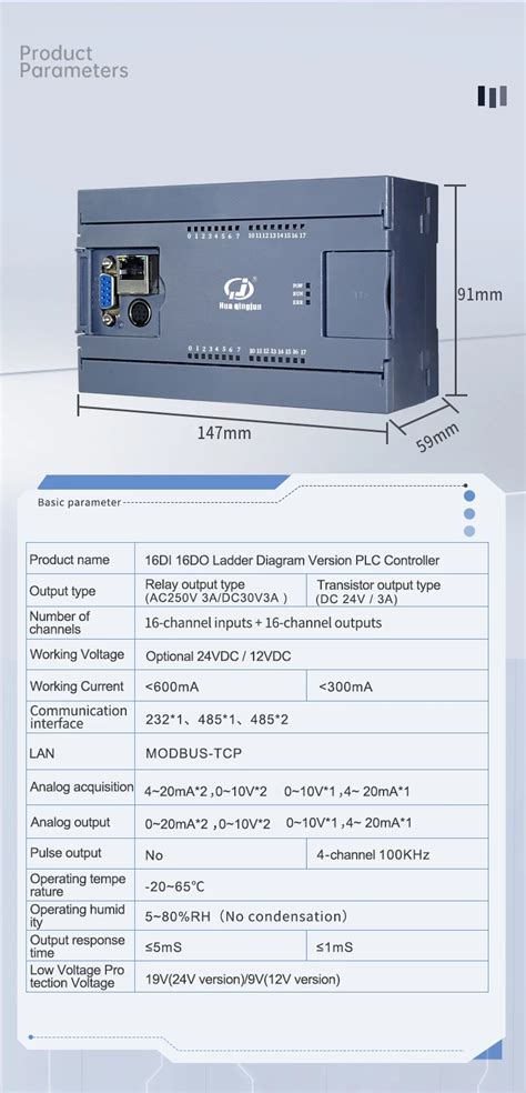 Huaqingjun 16di 16do Transistor Output Plc Rs485 232 2ai 2ao 0 10v 0 20ma Ladder Diagram Modbus