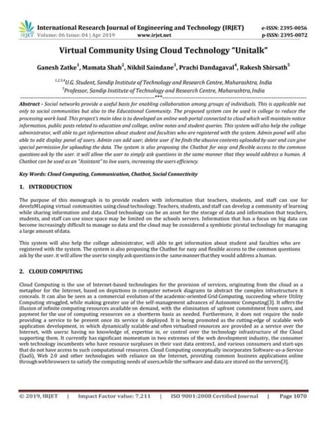 Irjet Virtual Community Using Cloud Technology “unitalk” Pdf