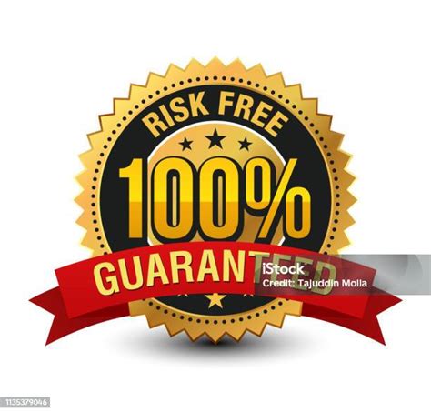 3d 유형 100 위험 무료 흰색 배경에 고립 된 상단에 빨간색 리본으로 황금 배지를 보장 100에 대한 스톡 벡터 아트 및