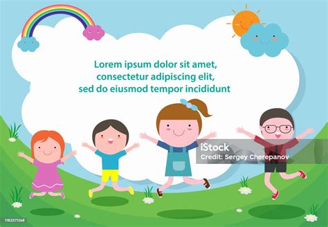 놀이터에서 뛰어 다니는 아이들 아이들이 기쁨으로 뛰어 다니고 배경에서 노는 행복한 만화 아이 광고 브로셔 텍스트 어린이 및 프레임 어린이 및 프레임 벡터 일러스트레이션을위한