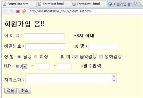 Hong의 뭐로할까나 130709 12일차 FormTest html FormTest2 html 회원가입 Form 만들기