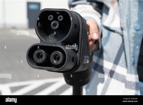 Woman Holding Ccs Socket Type 2 Fast Combined Charging System Combo 2