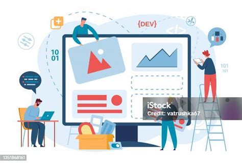 웹 개발자와 디자이너 팀은 웹 사이트 웹 페이지 디자인을 구축합니다 웹 사이트 벡터 개념 설계 소프트웨어 개발 코딩 및 프로그래밍 개념에 대한 스톡 벡터 아트 및 기타