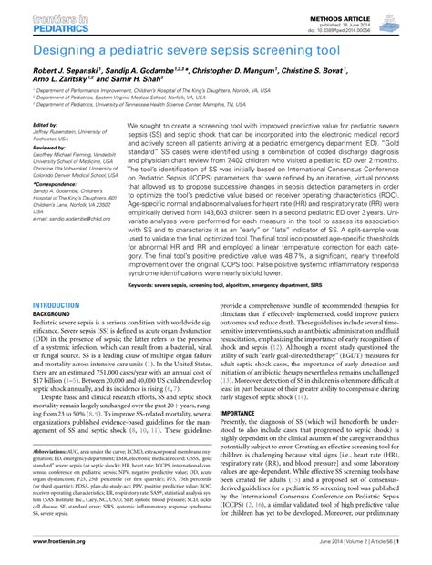 Pdf Designing A Pediatric Severe Sepsis Screening Tool