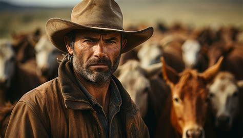 Cowboy Farmer Looking At Camera Surrounded By Livestock On Ranch