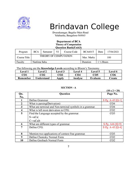TOCquestionbank Theror Of Computation Question Bank Brindavan College Dwarakanagar
