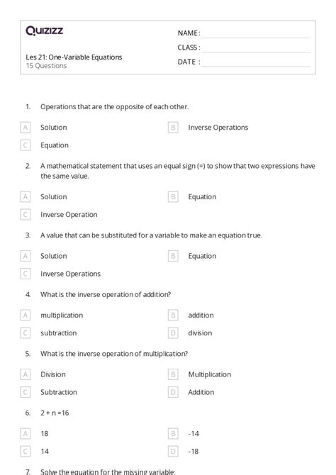50 One Variable Equations Worksheets For 6th Grade On Quizizz Free Printable