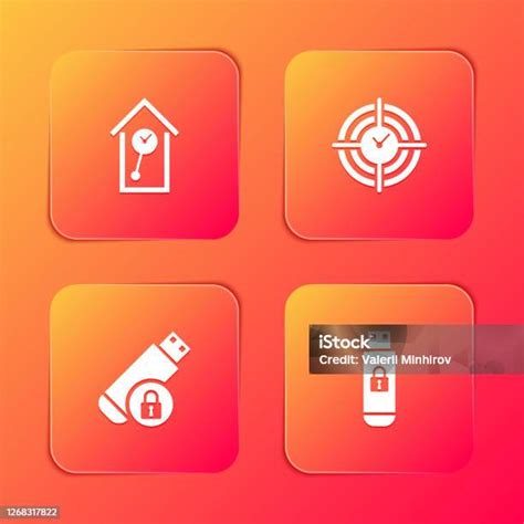 복고풍 벽 시계 시간 관리 잠금 및 아이콘usb 플래시 드라이브를 설정합니다 벡터 Usb 메모리에 대한 스톡 벡터 아트 및 기타 이미지 Usb 메모리 Usb 케이블