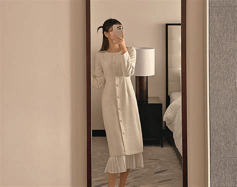 리리앤코 레이블린 트위드 배색 플리츠 롱 원피스