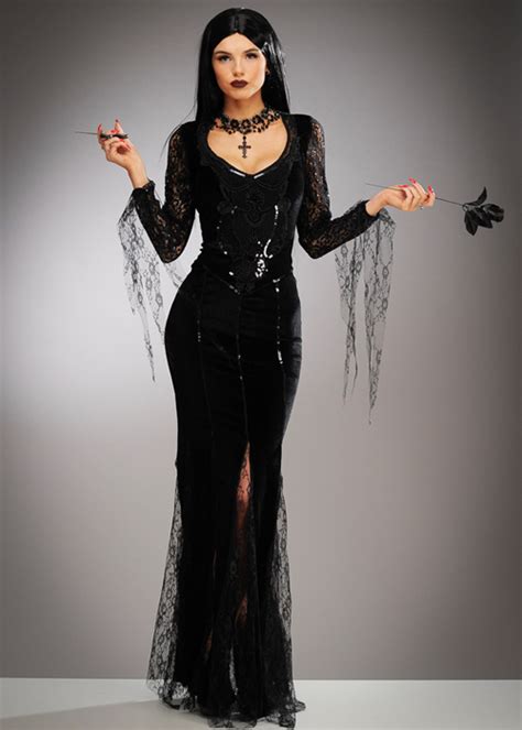 Ladies Deluxe Black Sequin Morticia Style Costume