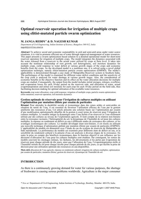 Pdf Optimal Reservoir Operation For Irrigation Of Multiple Crops Using Elitist Mutated