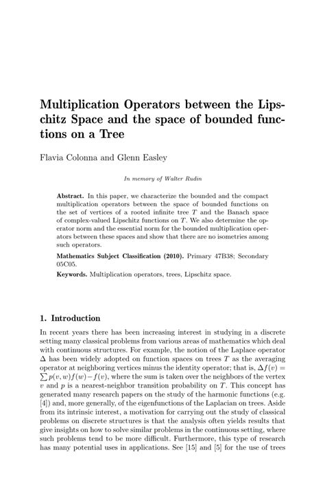 Pdf Multiplication Operators Between The Lipschitz Space And The Space Of Bounded Functions On