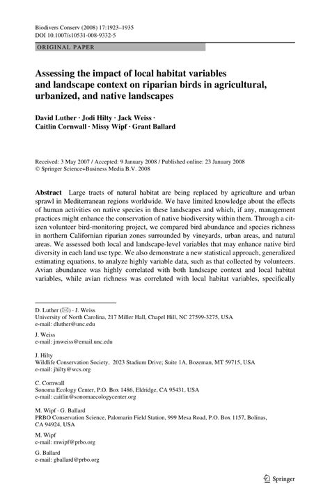 PDF Assessing The Impact Of Local Habitat Variables And Landscape Context On Riparian Birds In
