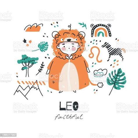 조디악 기호 레오 일러스트레이션 아이들을위한 점성술 별자리 기호 문자 디자인을위한 그래픽 요소가있는 다채로운 카드 레터링이있는 만화 스타일의 손으로 그린 벡터 가공의 인물에