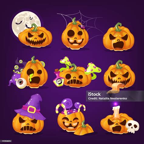 으스스한 할로윈 호박 만화 벡터 일러스트 세트 보라색에 악한 미소 고립 된 스티커 팩 소름 조각 스쿼시 현실적인 오렌지 무서운 호박 헬로 웬 공포 장식 패치 10월에 대한