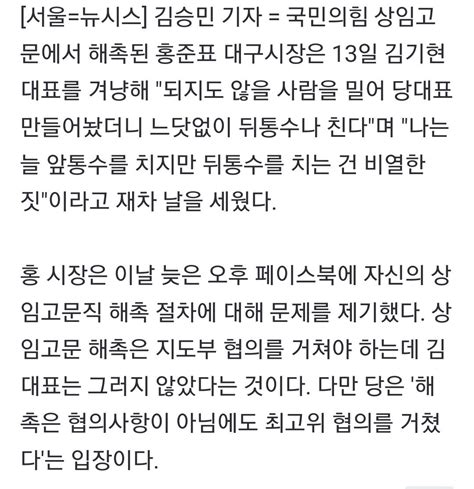홍준표 김기현에 되지도 않을 사람 대표 만들었더니 뒤통수 정치시사 에펨코리아