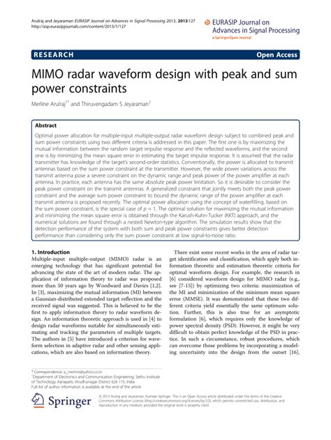 Pdf Mimo Radar Waveform Design With Peak And Sum Power Constraints