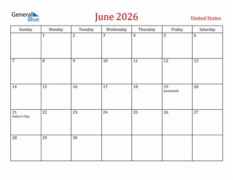 June 2026 Monthly Calendar With United States Holidays