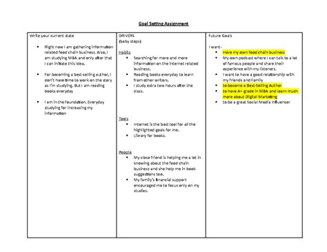 goal setting assignment template goal setting assignment write your