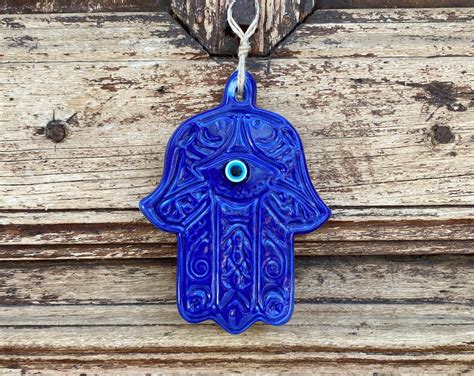 Dark Blue Ceramic Hamsa Wall Hanging Hand Of Fatima Evil Eye Decor