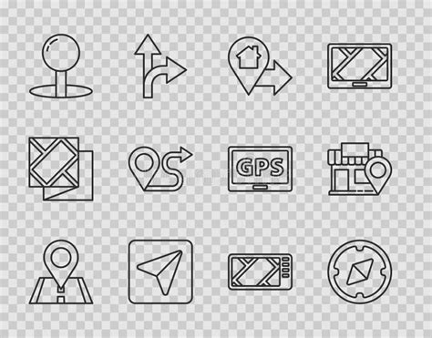 Set Line Location Compass With House Infographic Of City Map Navigation Push Pin Route
