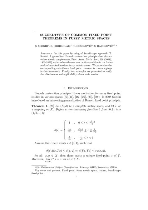 PDF Suzuki Type Of Common Fixed Point Theorems In Fuzzy Metric Spaces