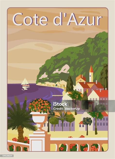 포스터 코트 드 라쥐르 프랑스 리비에라 해안 빈티지 리조트 해안 바다 해변 복고풍 스타일 일러스트 벡터 복고풍에 대한 스톡 벡터 아트 및 기타 이미지 Istock