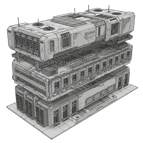 A Futuristic Industrial Building Sketch Featuring Stacked Modular Units Each Unit Has Stock