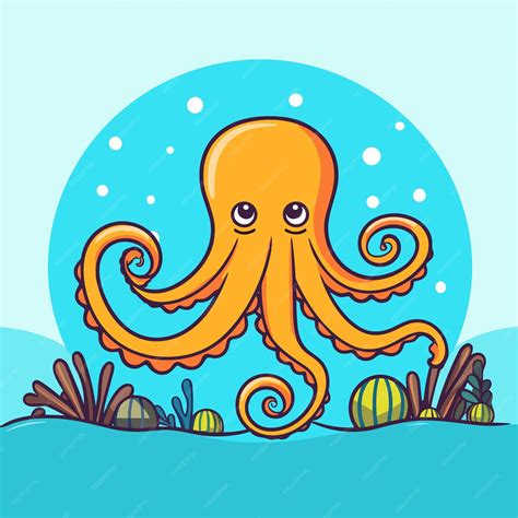 귀여운 만화 문어 수중 벡터 일러스트 레이 션 프리미엄 벡터