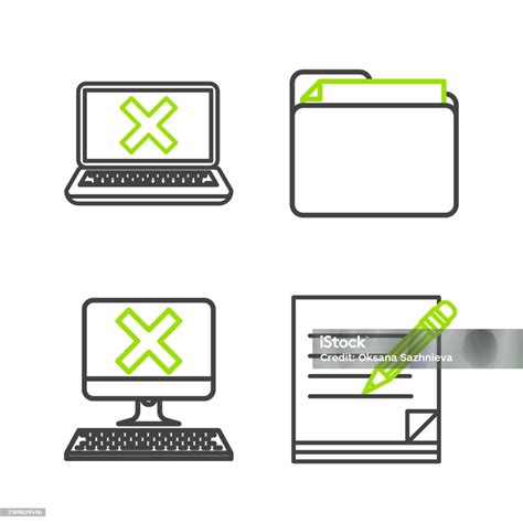 빈 노트북과 지우개가 있는 연필 컴퓨터 키보드 X 표시 문서 폴더 및 노트북 화면 아이콘에 십자가 선을 설정합니다 벡터 개념에 대한 스톡 벡터 아트 및 기타 이미지 Istock