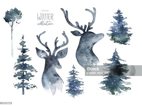 사슴 머리를 가진 수채화 겨울 숲 산에서 소나무 전나무와 크리스마스 트리 풍경 흰색 배경에 격리 된 손으로 그린 스노우 홀리데이 디자인 나무에 대한 스톡 벡터 아트 및 기타