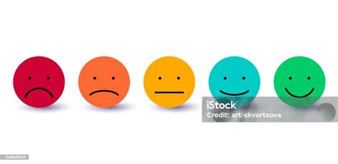 평가 만족도 감정의 형태로 피드백 화가 에서 행복에 감정의 아이콘 세트 다섯 가지 감정을 가진 얼굴 불만 슬픈 무관심 기쁘고 만족 개념에 대한 스톡 벡터 아트 및 기타