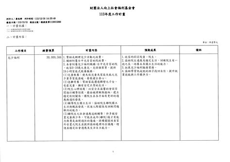 113年度工作計畫 經費預算 向上訊息 財團法人向上社會福利基金會