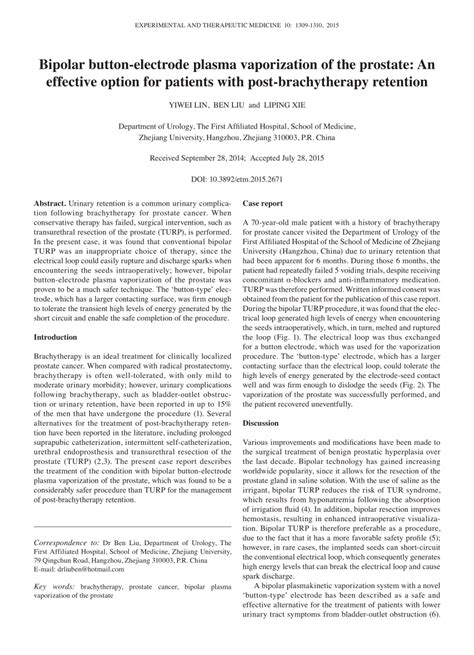 Pdf Bipolar Button‑electrode Plasma Vaporization Of The Prostate An