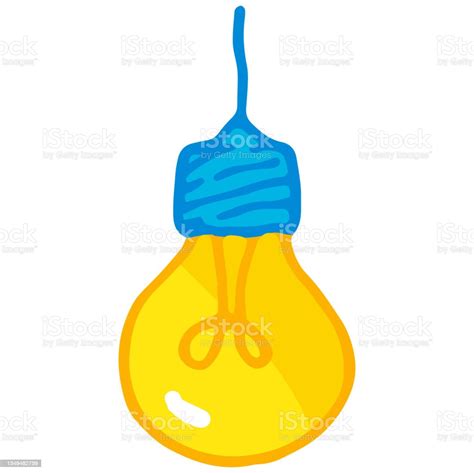 노란색 전구 아이콘입니다 파란색 베이스와 디자인 템플릿을 위한 흰색 와이어가 있는 밝은 둥근 모양의 전구의 손으로 그린 만화 스타일의 절연 요소입니다 아이디어와 사고의 상징