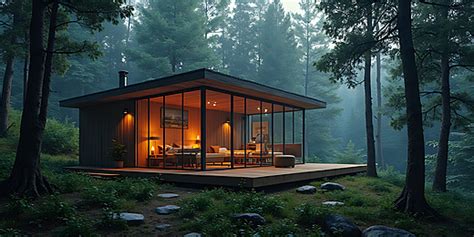 Modern Glass Walled Cabin Nestled In Misty Forest Warmly Lit From