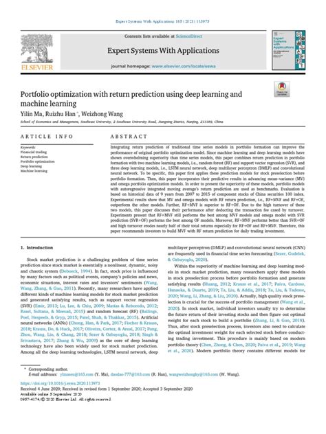 Portfolio Optimization With Return Prediction Using Deep Learning And Machine Learning Pdf